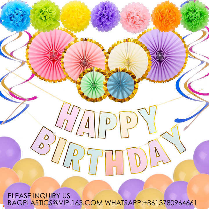 Paper Birthday Banner Tissue Paper Honeycomb Pom Pom Happy Birthday ...